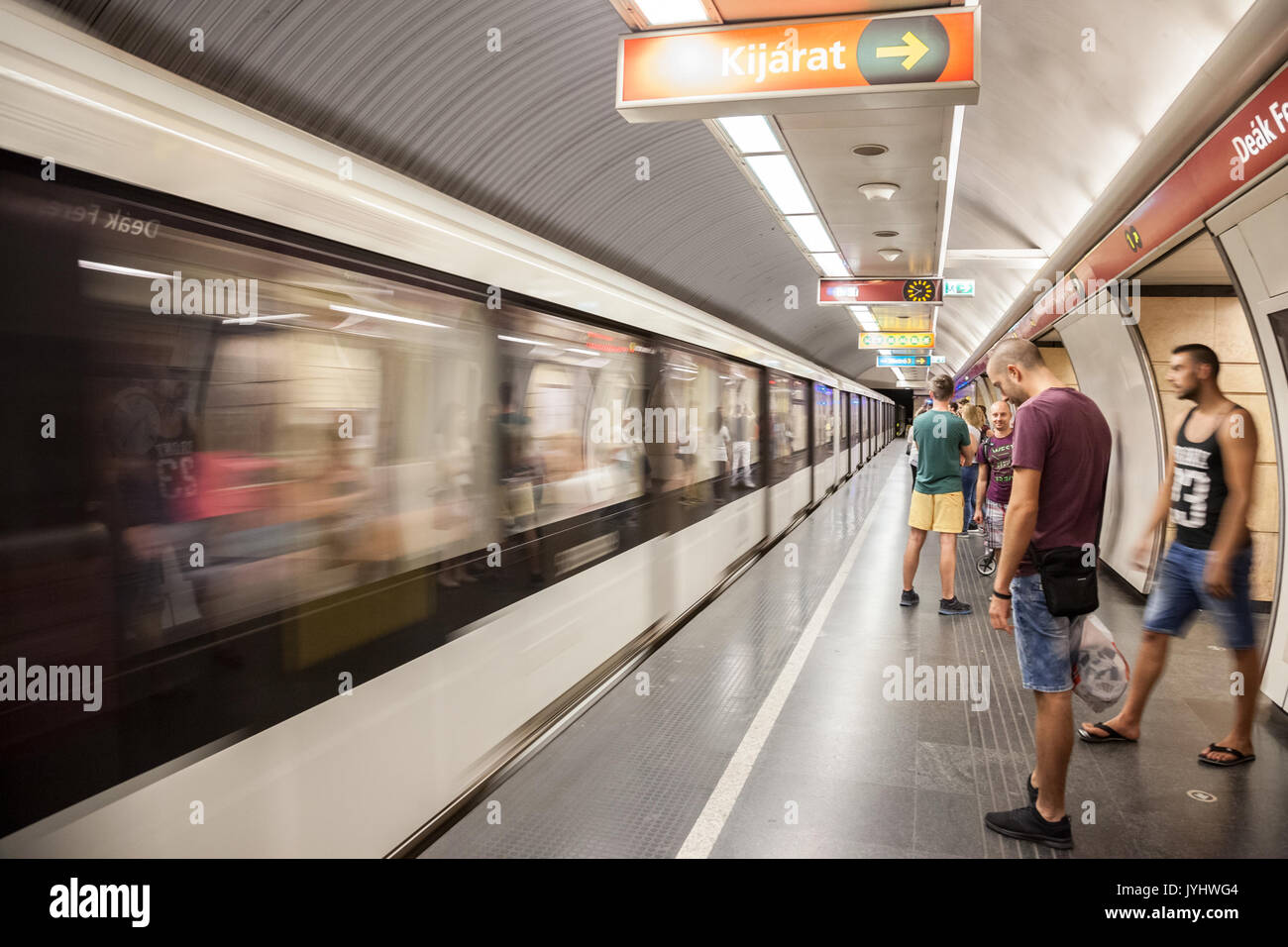 BUDAPEST, HUNGARY - AUGUST 12, 2017: Metro entering a station of ...