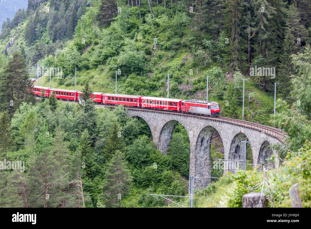 Red Bernina Express train, Filisur, Graubunden, Switzerland Stock Photo ...
