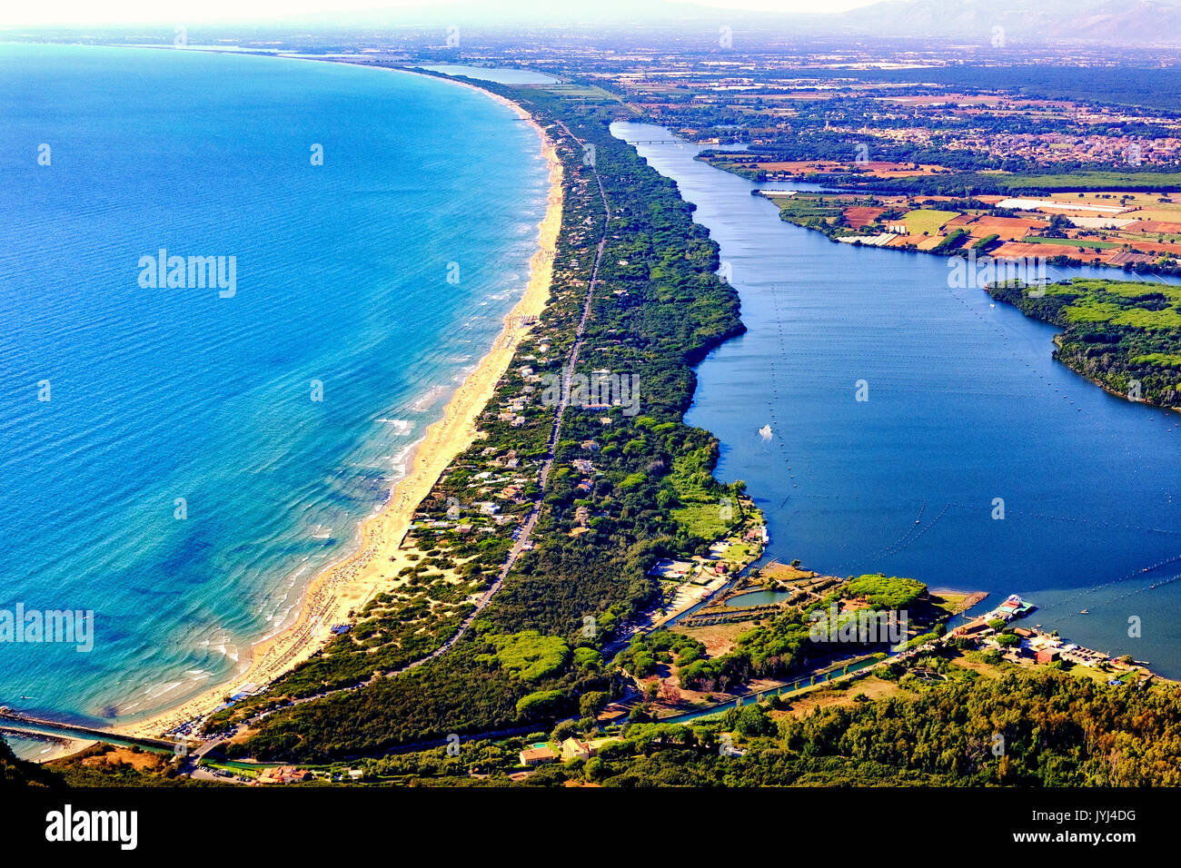 Panoramic shot of the Lungomare di Sabaudia and the lake of Sabaudia ...