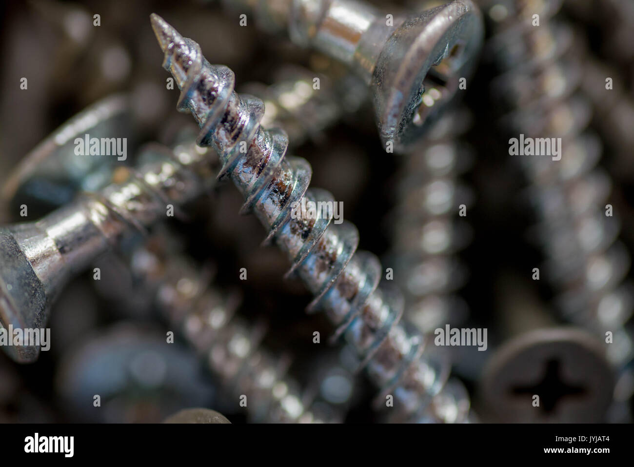 A pile of screws shot in close with the front thread being in focus ...