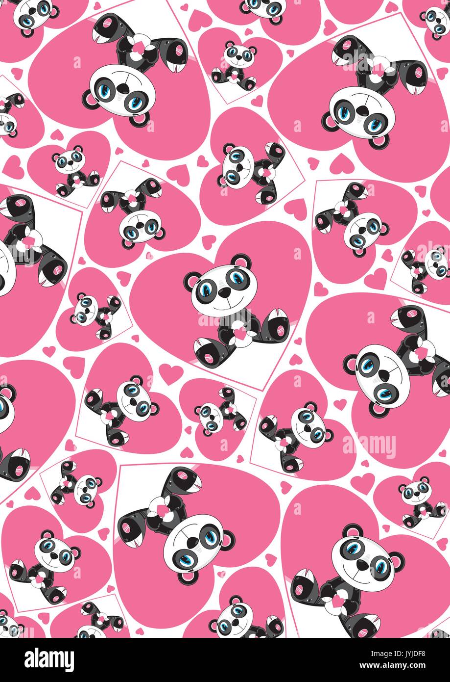 Cute Cartoon Panda Pattern with Valentine Heart Illustration Stock ...