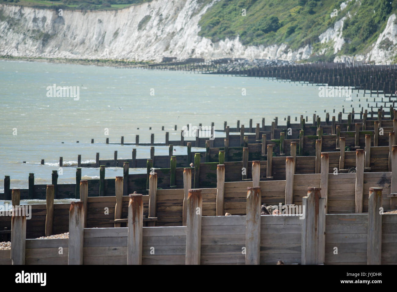 Large coastal stretch of wood groynes at Eastbourne in East Sussex to ...