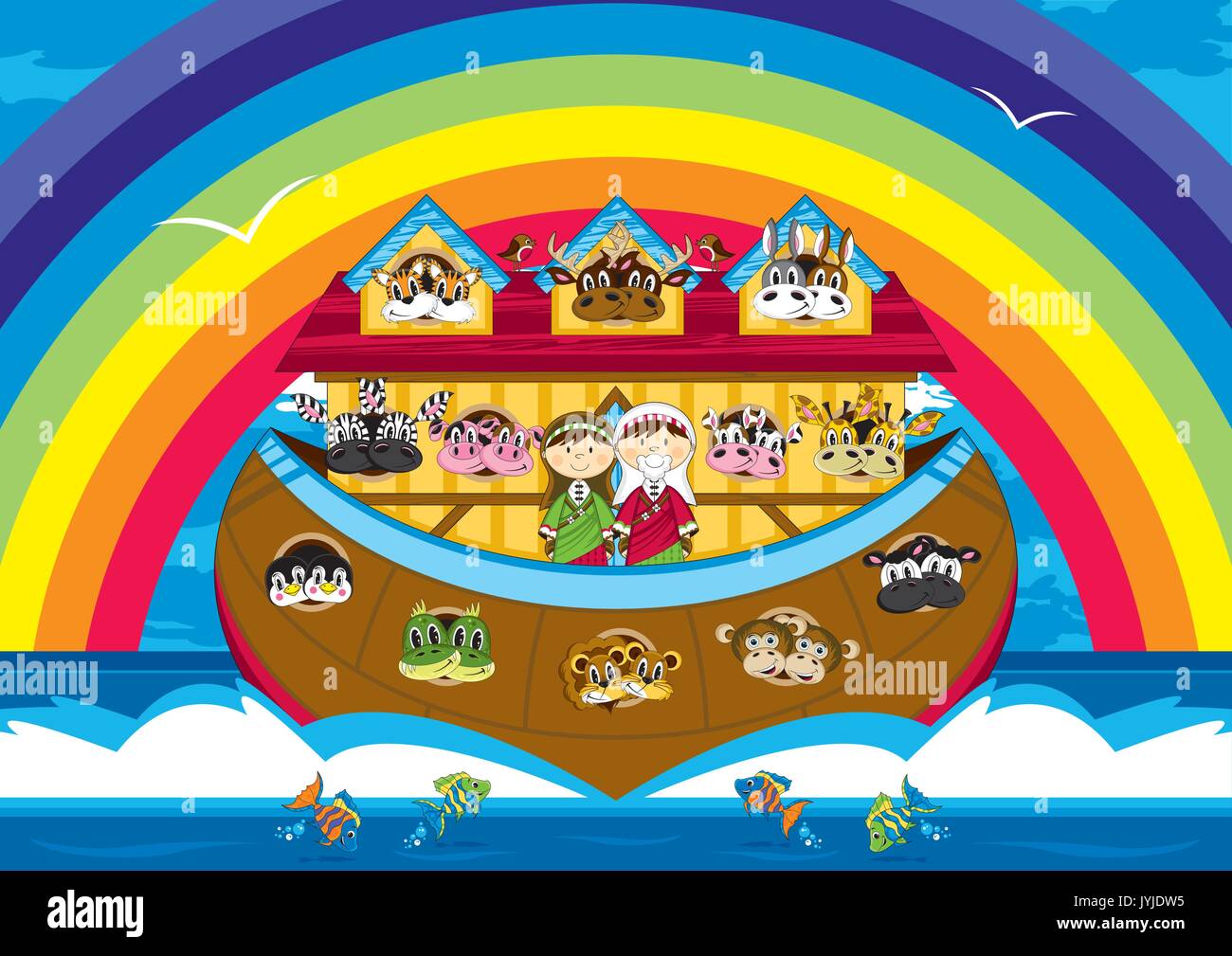 Cartoon Noah’s Ark with Animals Biblical Illustration Stock Vector ...
