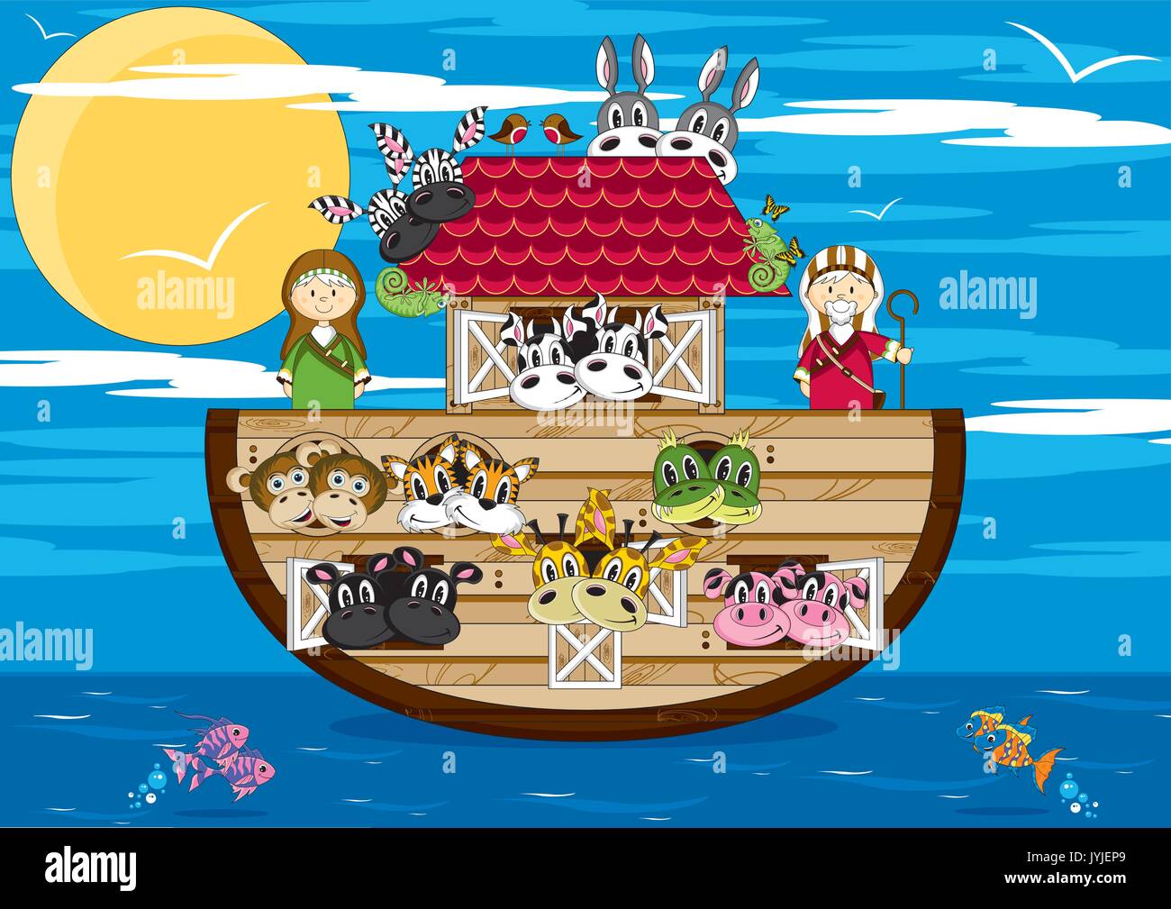 Cartoon Noah’s Ark with Animals Biblical Illustration Stock Vector ...