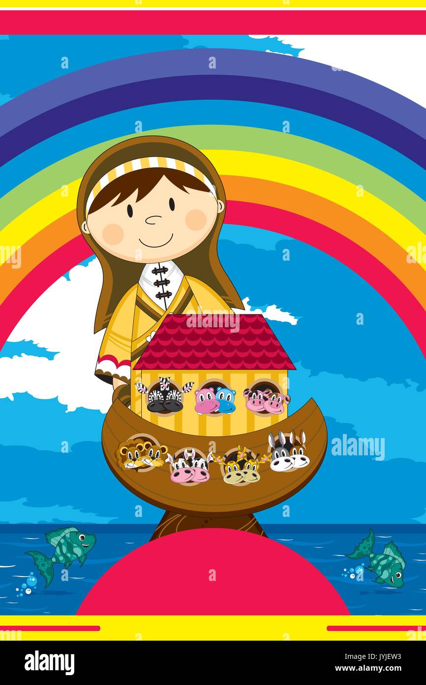 Cartoon Noah’s Ark with Animals Biblical Illustration Stock Vector ...