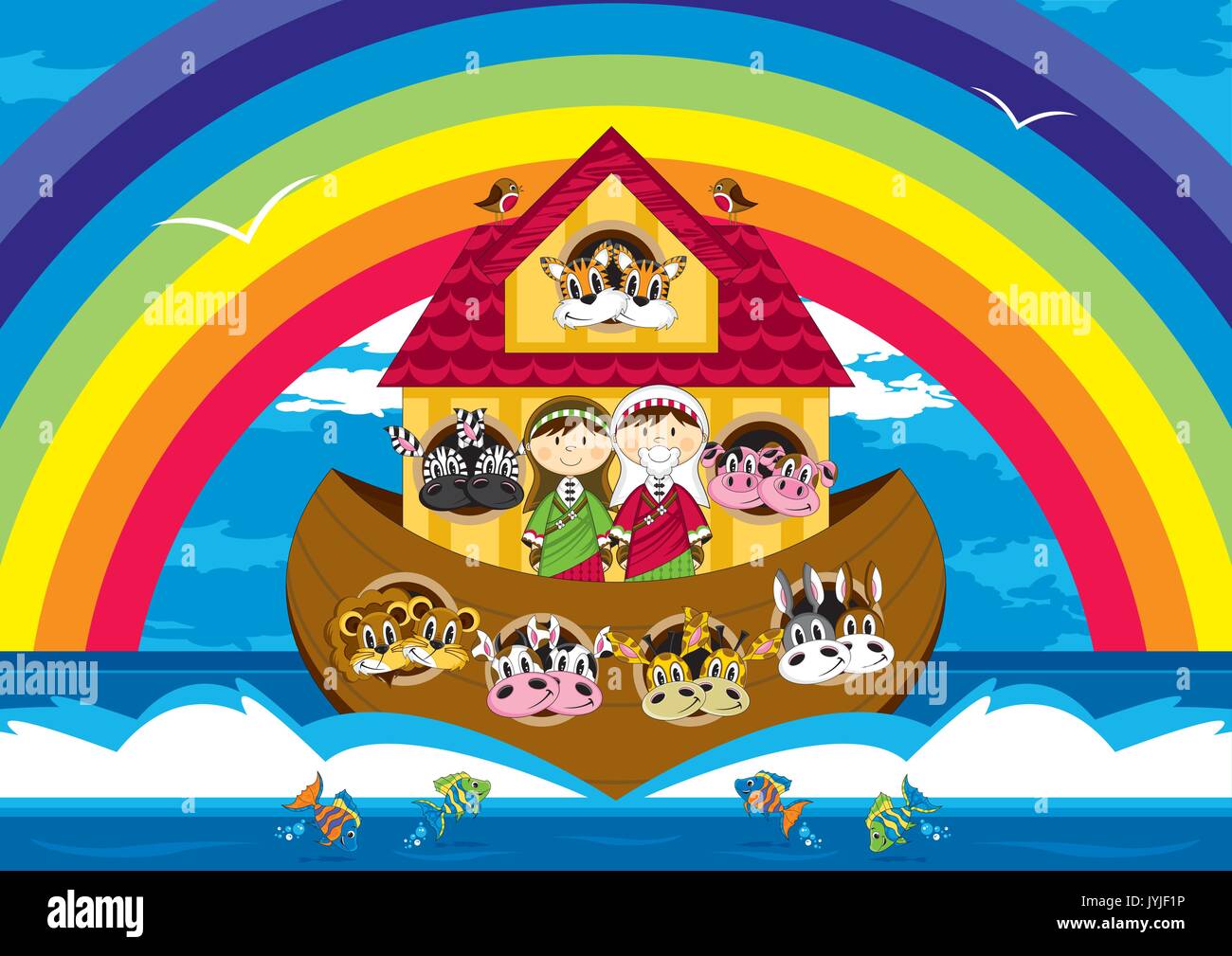 Cartoon Noah’s Ark with Animals Biblical Illustration Stock Vector ...