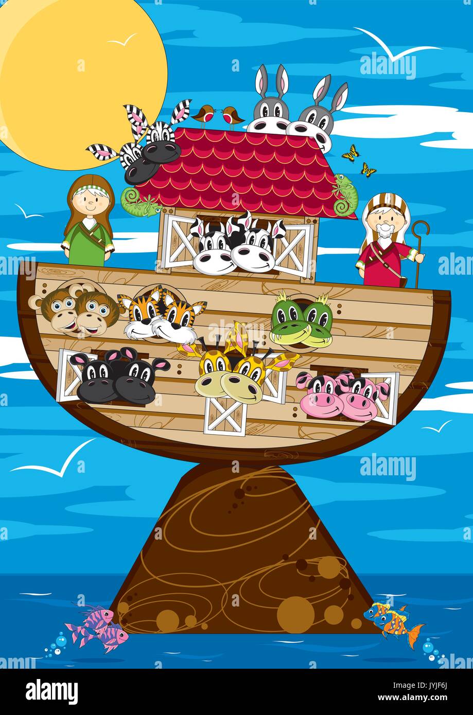 Cartoon Noah’s Ark with Animals Biblical Illustration Stock Vector ...