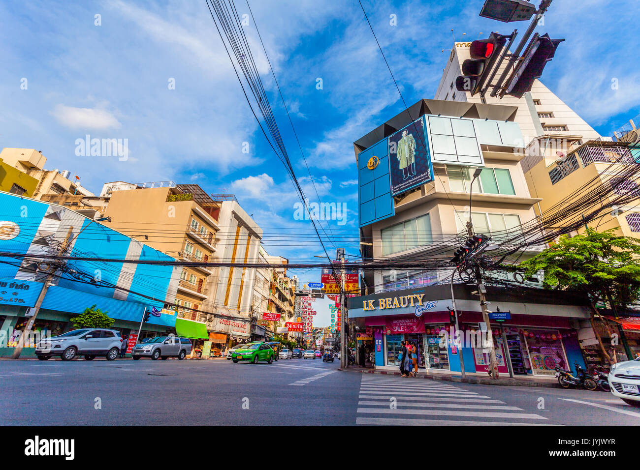 Chaina town, Bangkok, Thailand - August 9, 2017: traffic on Yaowarat road. Chinatown with ...