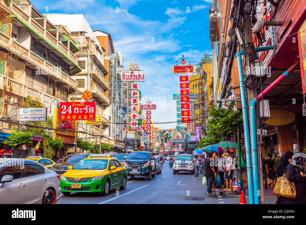 Chaina town, Bangkok, Thailand - August 9, 2017: traffic on Yaowarat road. Chinatown with ...