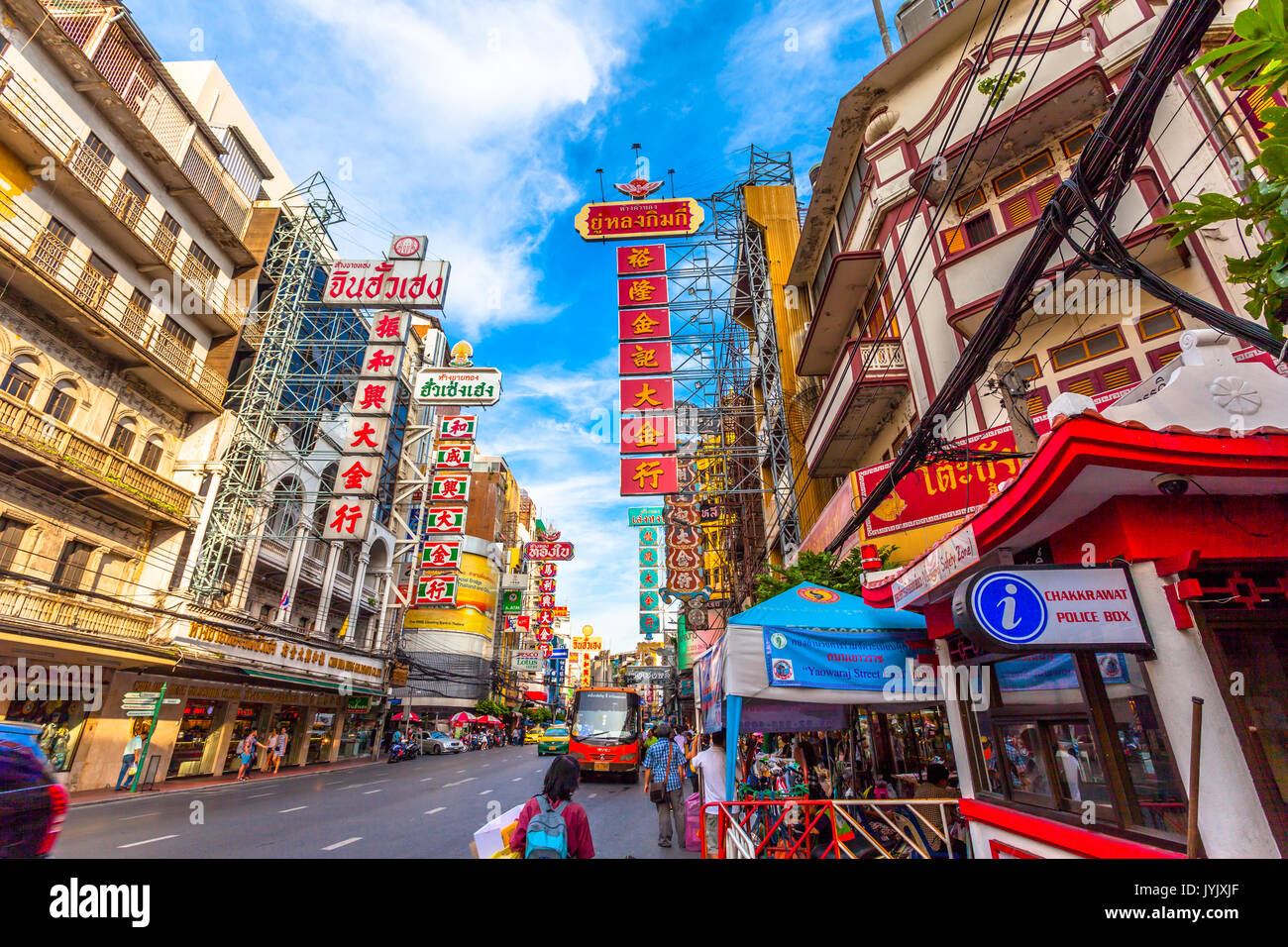 Chaina town, Bangkok, Thailand - August 9, 2017: traffic on Yaowarat road. Chinatown with ...