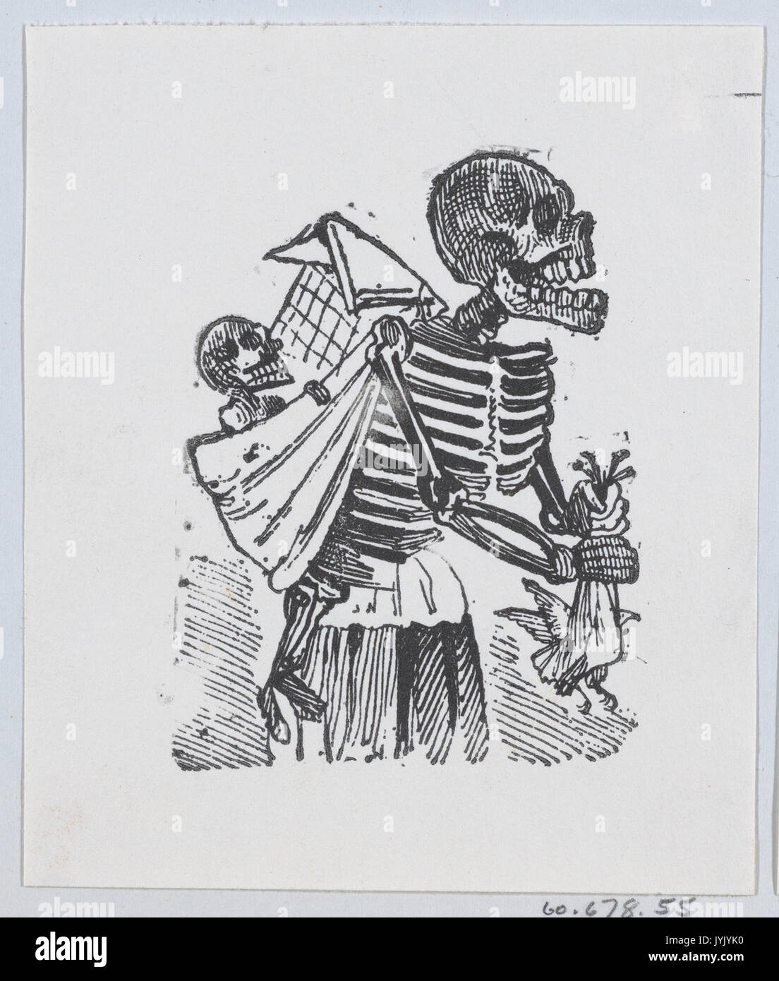 A skeleton picking crops in a field while carrying a baby skeleton on ...