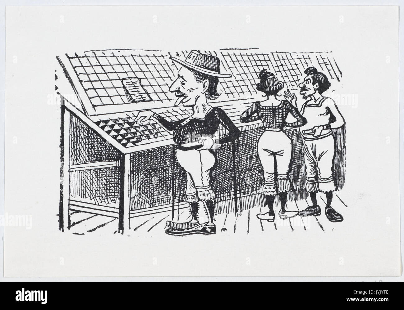 A man wearing bloomers and a hat looking through merchandise MET ...