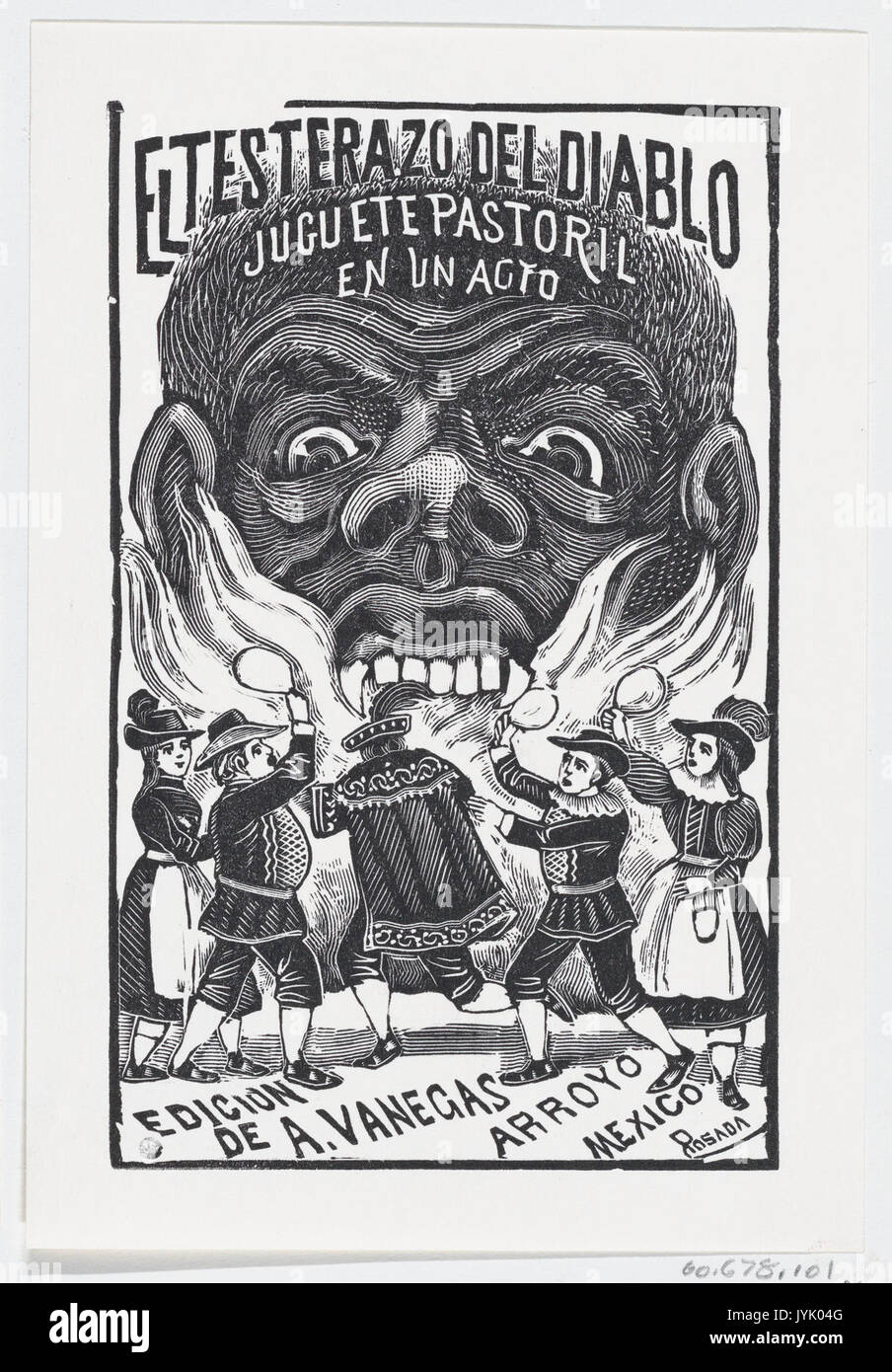 A demon breathing fire and people running around in the foreground ...