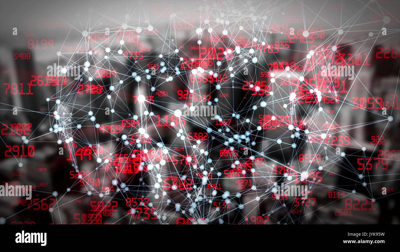 Abstract business network with flying numbers on modern city background ...