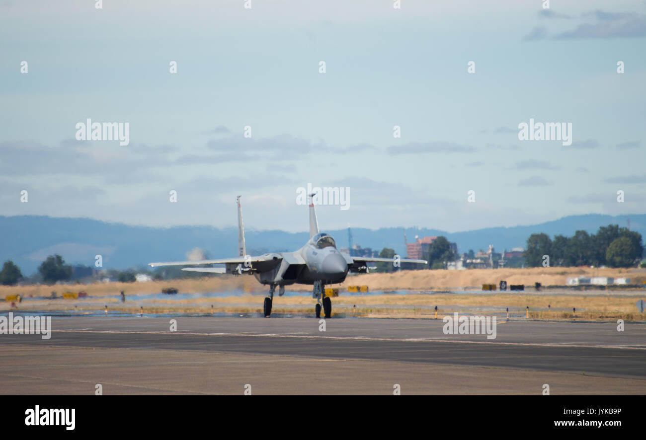 A 142nd Fighter Wing F-15 Eagle taxis the runway after landing, August ...