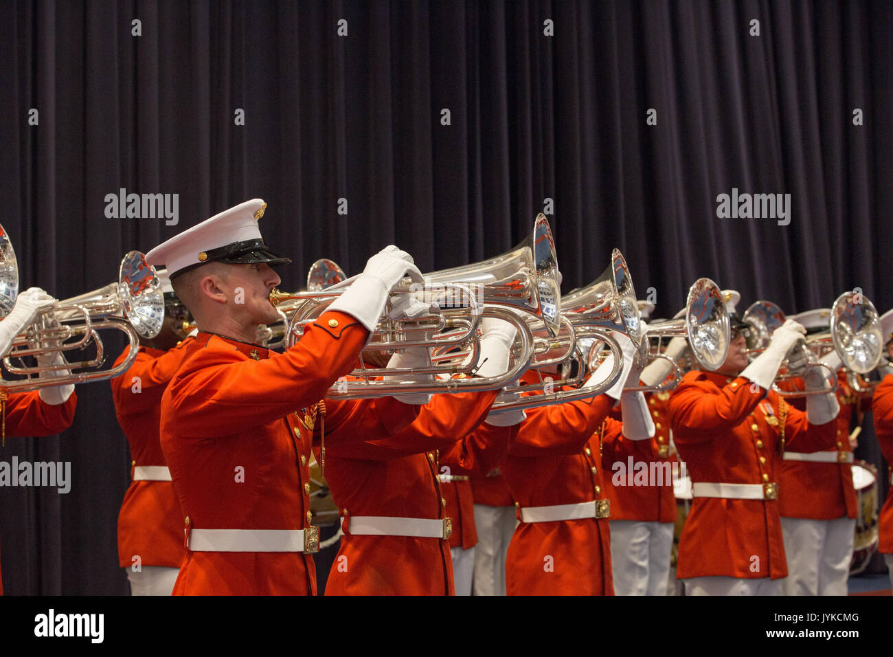U.S. Marines with the Marine Corps Drum and Bugle Corps perform during ...