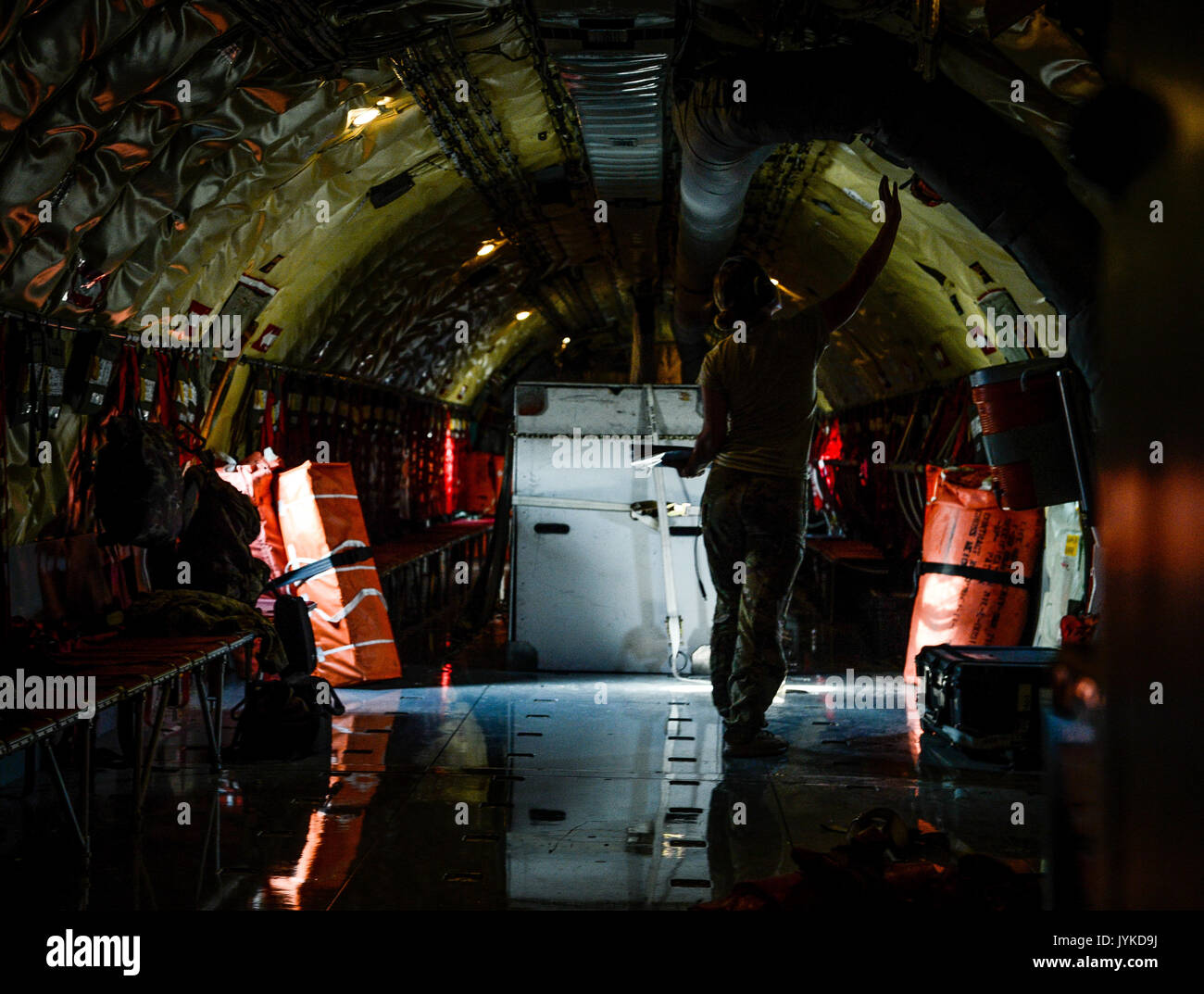 A 340th Expeditionary Air Refueling Squadron boom operator checks the ...