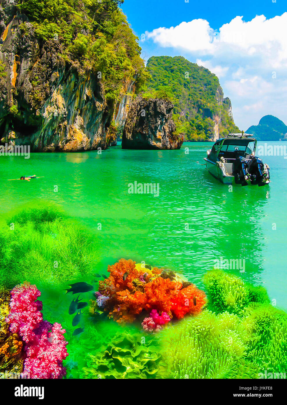 Collage of underwater coral reef and with green island on the ho Stock ...