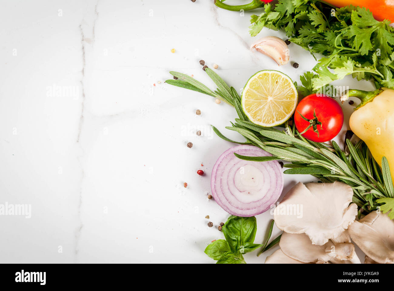 Food cooking background, white marble table. Fresh raw organic ...