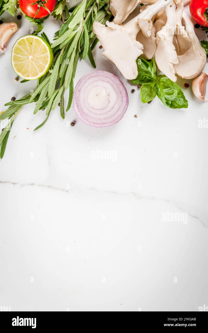 Food cooking background, white marble kitchen table. Spices and herbs ...