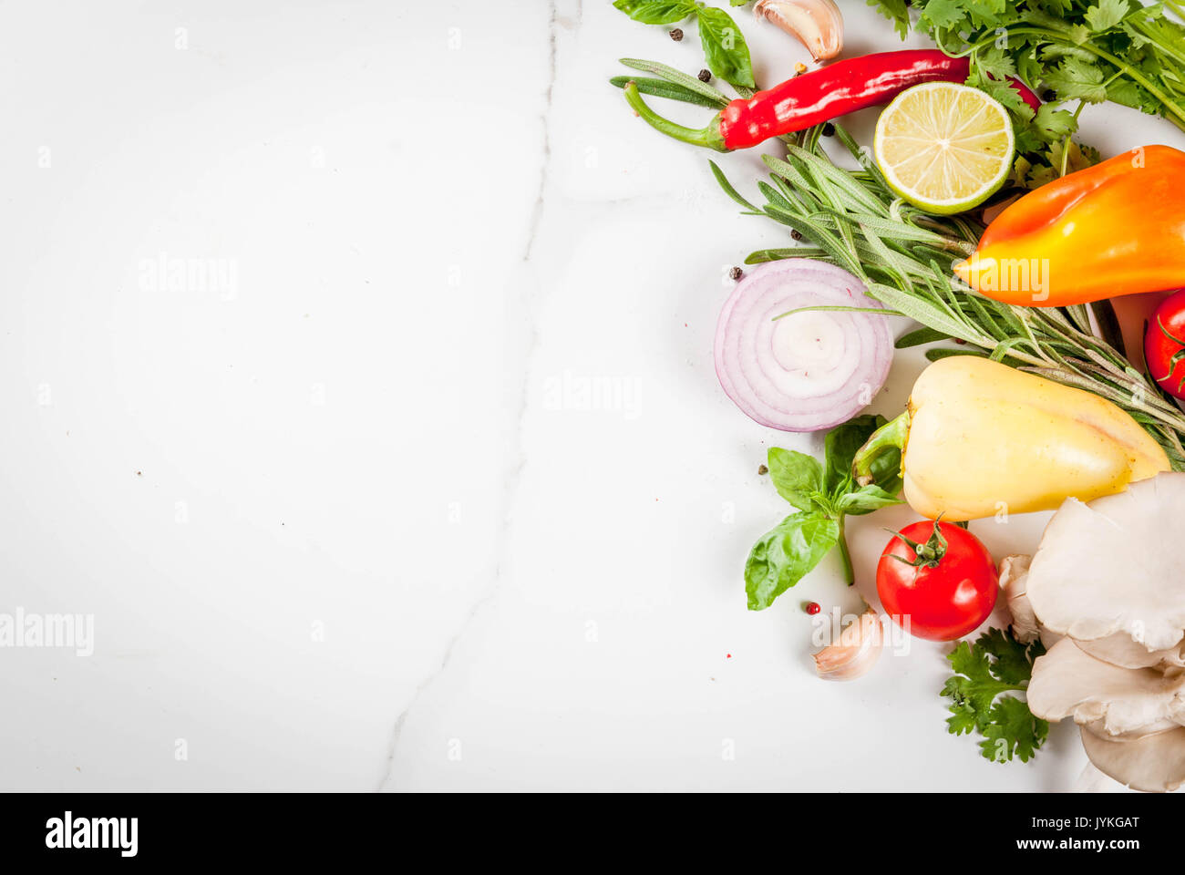 Food cooking background, white marble table. Fresh raw organic ...