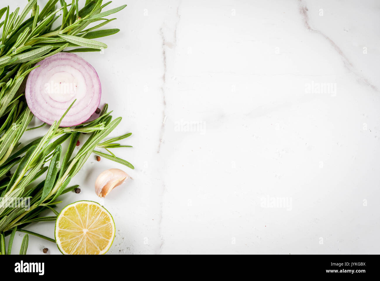Food cooking background, white marble kitchen table. Spices and herbs ...