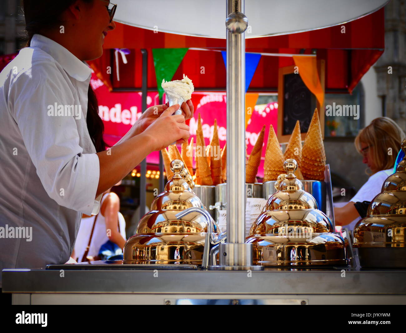 Venchi ice cream stand trolley selling in hot summer time Marienplatz ...