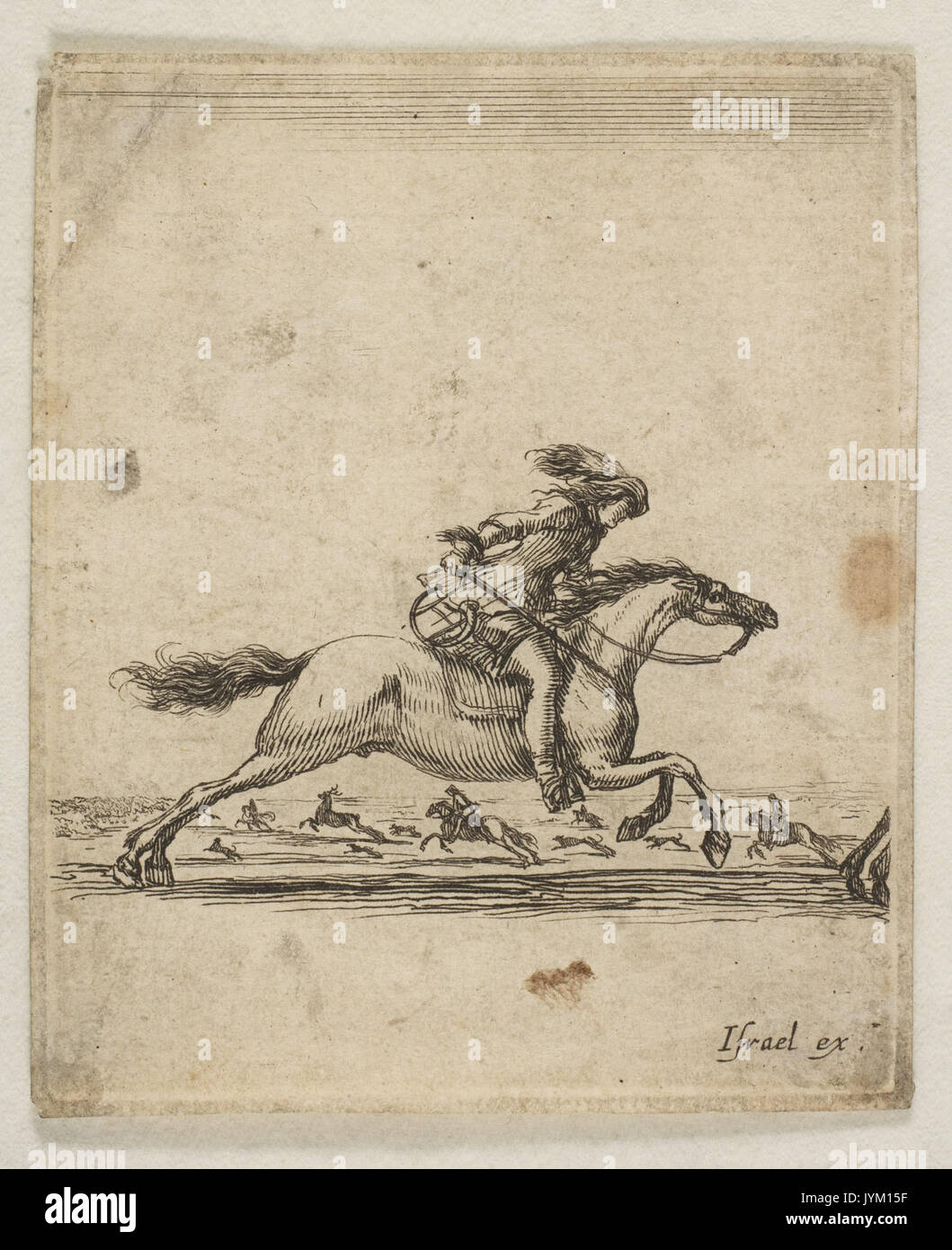 A horseman with sword in hand galloping towards the right, other ...