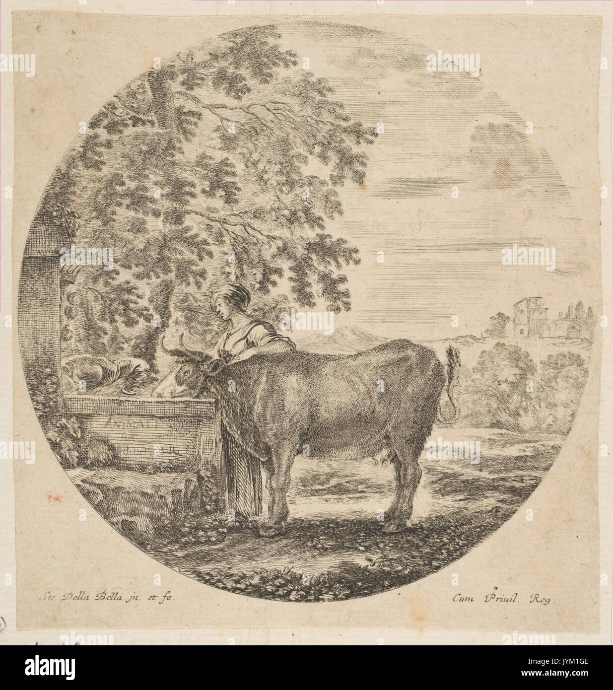 A peasant woman with a cow at a fountain decorated with the Medici arms ...