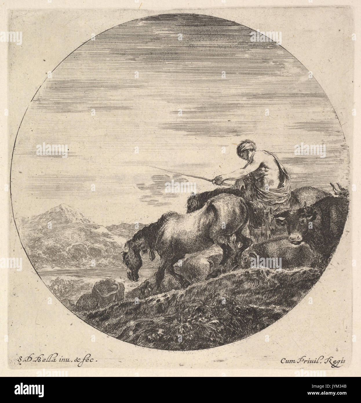 A shepherd at right, facing left, driving a group of animals downhill ...