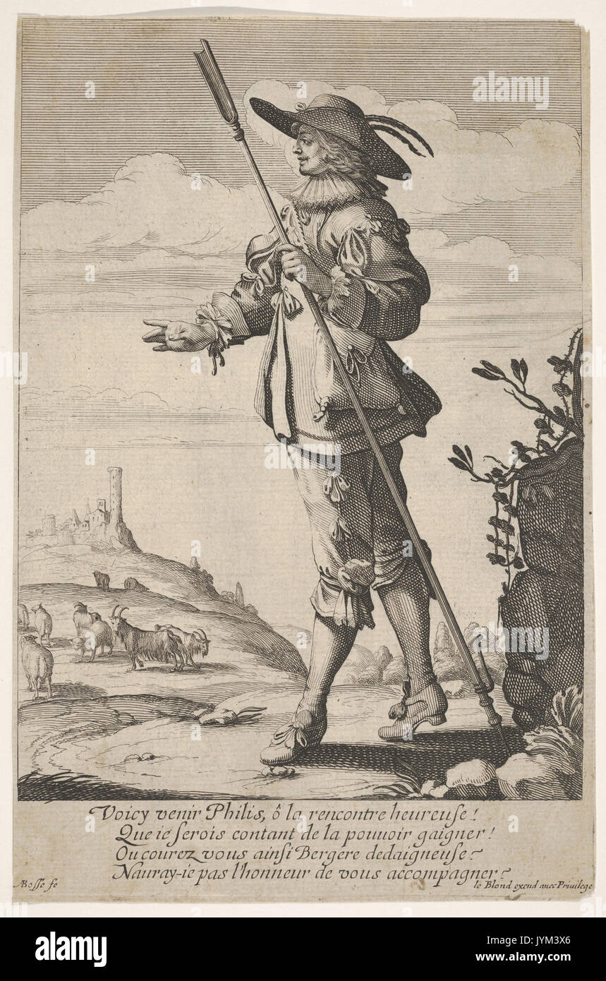 A shepherd holding a crook in his left hand and walking with a hill, a ...