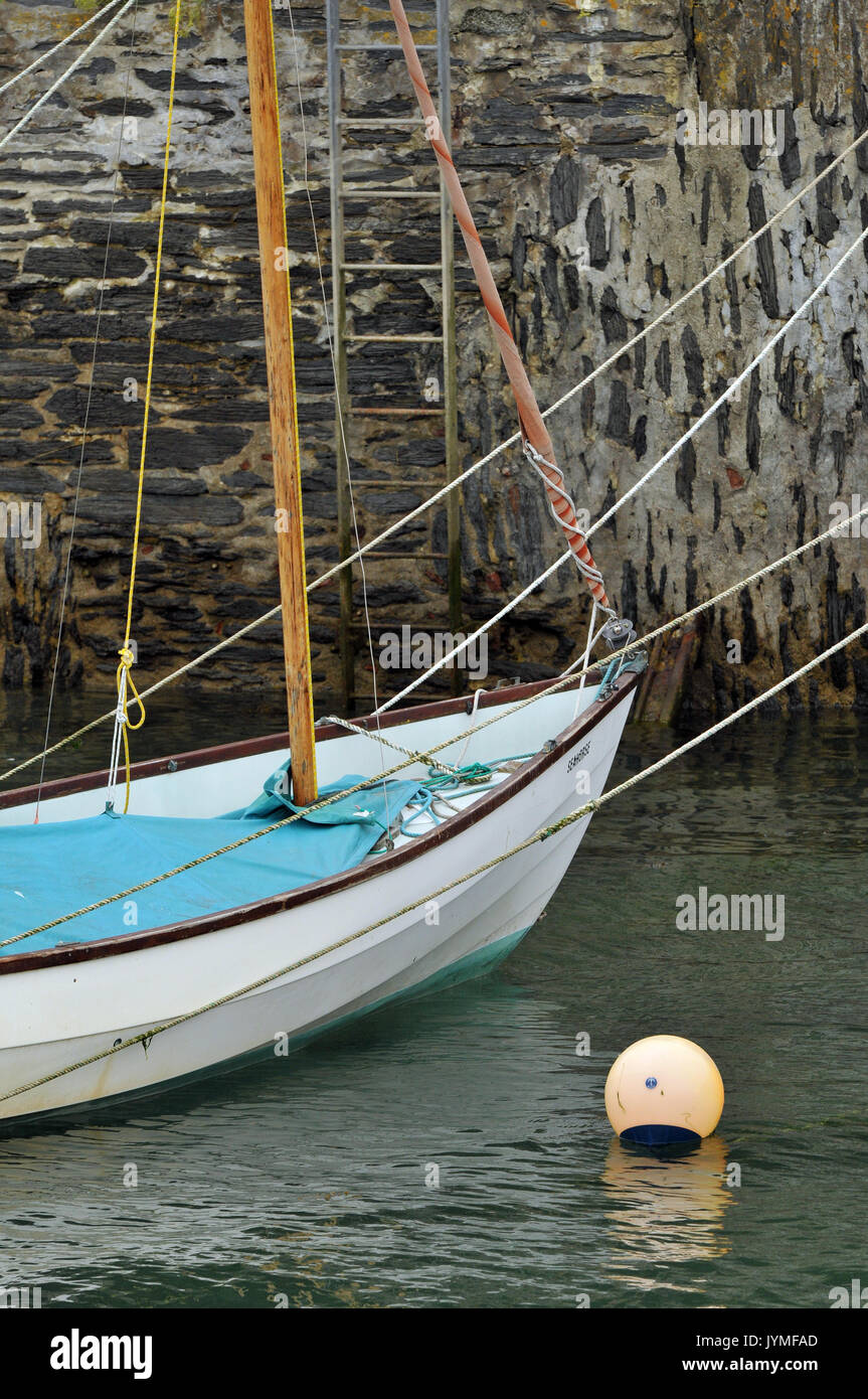 The bows of a traditional clinker built boat painted white and covered ...