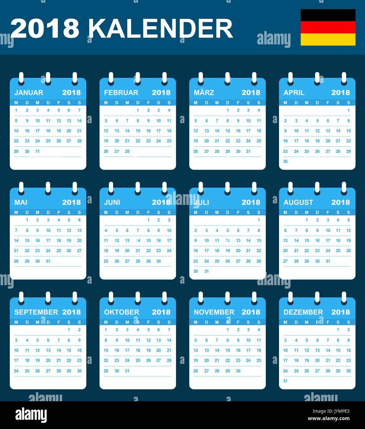 German Calendar for 2018. Scheduler, agenda or diary template. Week ...