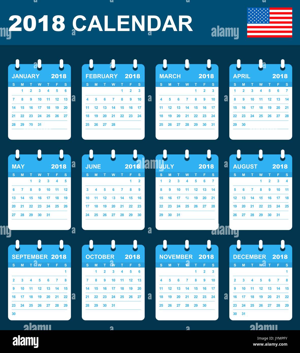 USA Calendar for 2018. Scheduler, agenda or diary template. Week starts ...