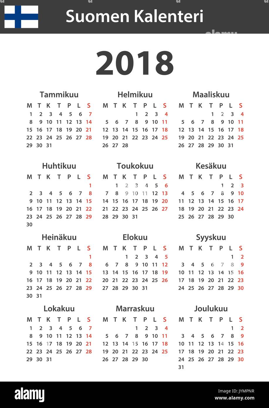 Finnish Calendar for 2018. Scheduler, agenda or diary template. Week ...