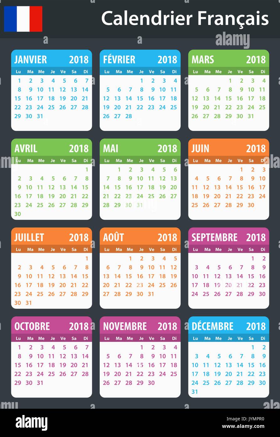 French Calendar for 2018. Scheduler, agenda or diary template. Week ...