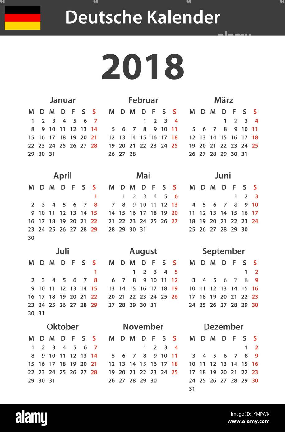 German Calendar for 2018. Scheduler, agenda or diary template. Week ...