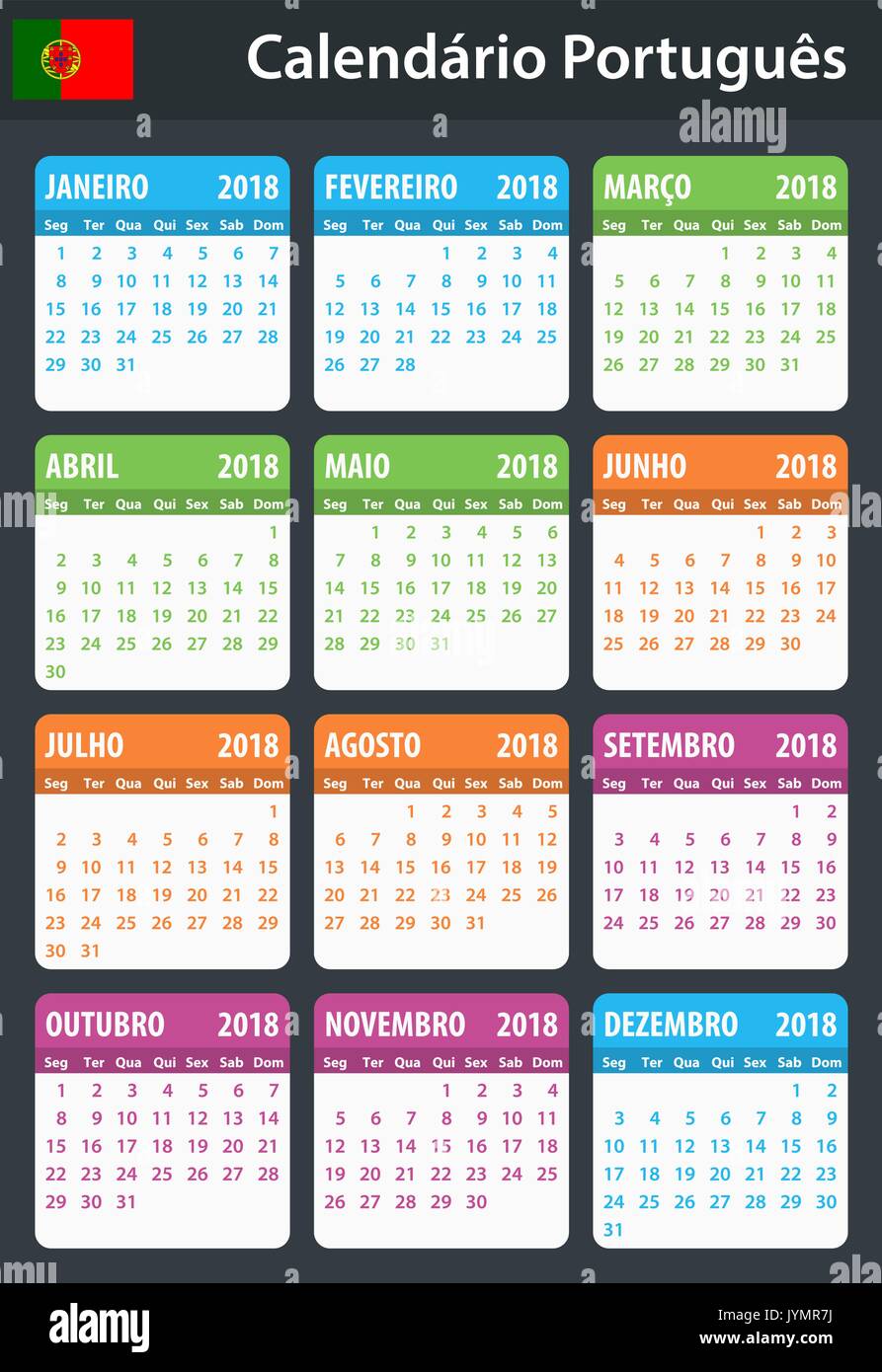 Portuguese Calendar for 2018. Scheduler, agenda or diary template. Week ...
