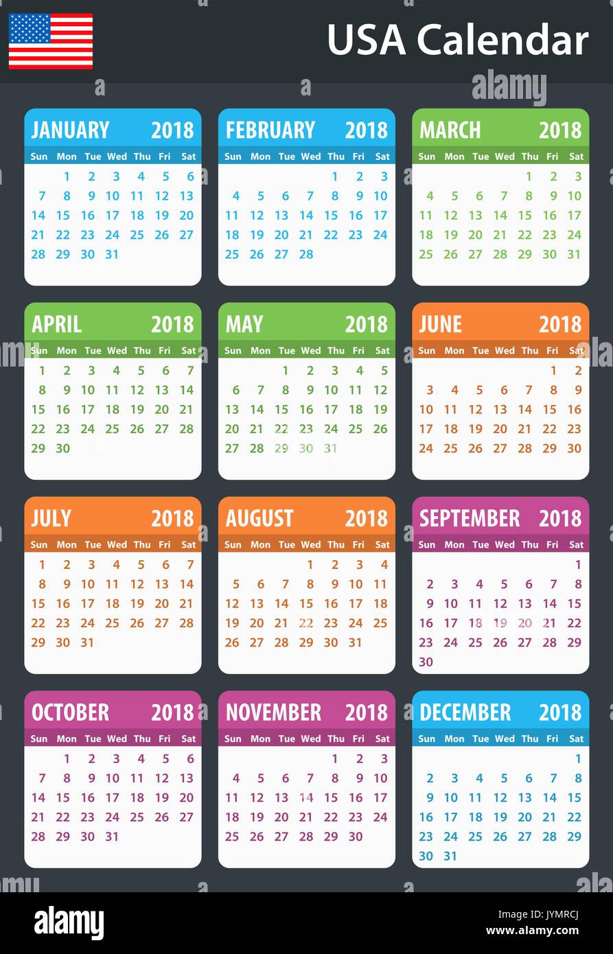 USA Calendar for 2018. Scheduler, agenda or diary template. Week starts ...
