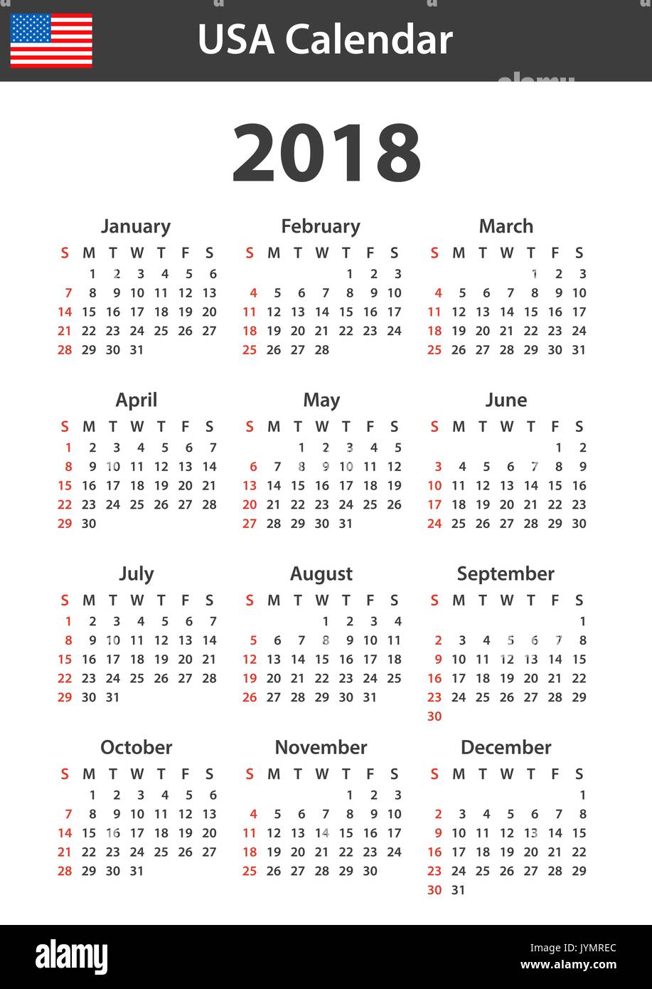 USA Calendar for 2018. Scheduler, agenda or diary template. Week starts ...