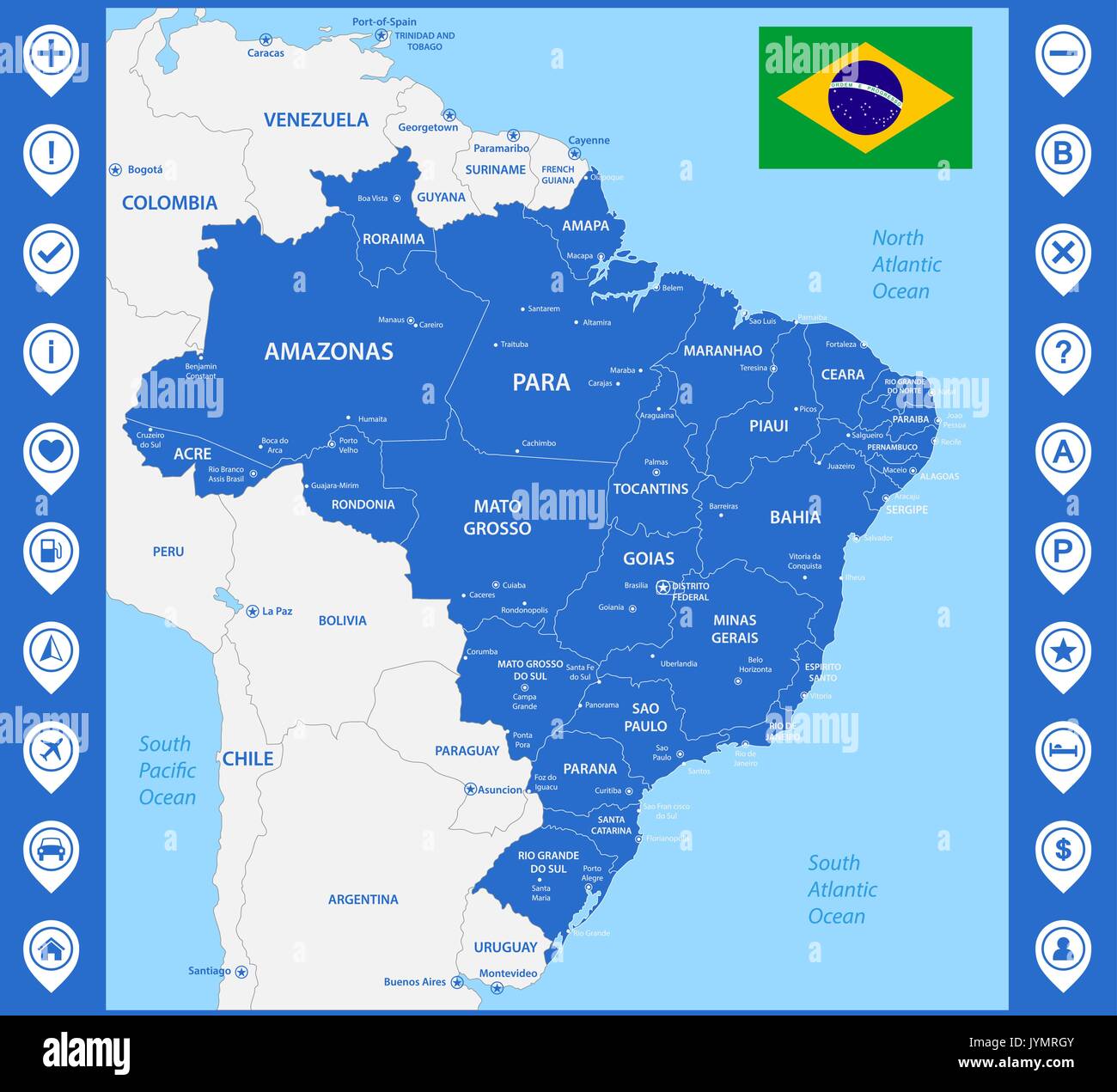 The detailed map of the Brazil with regions or states and cities ...