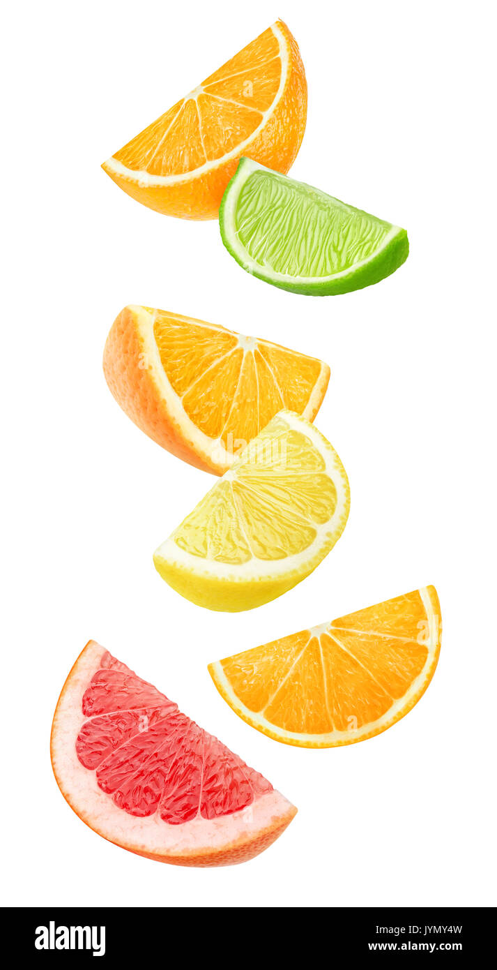 Isolated citrus fruits wedges. Falling pieces of orange, lemon, lime ...