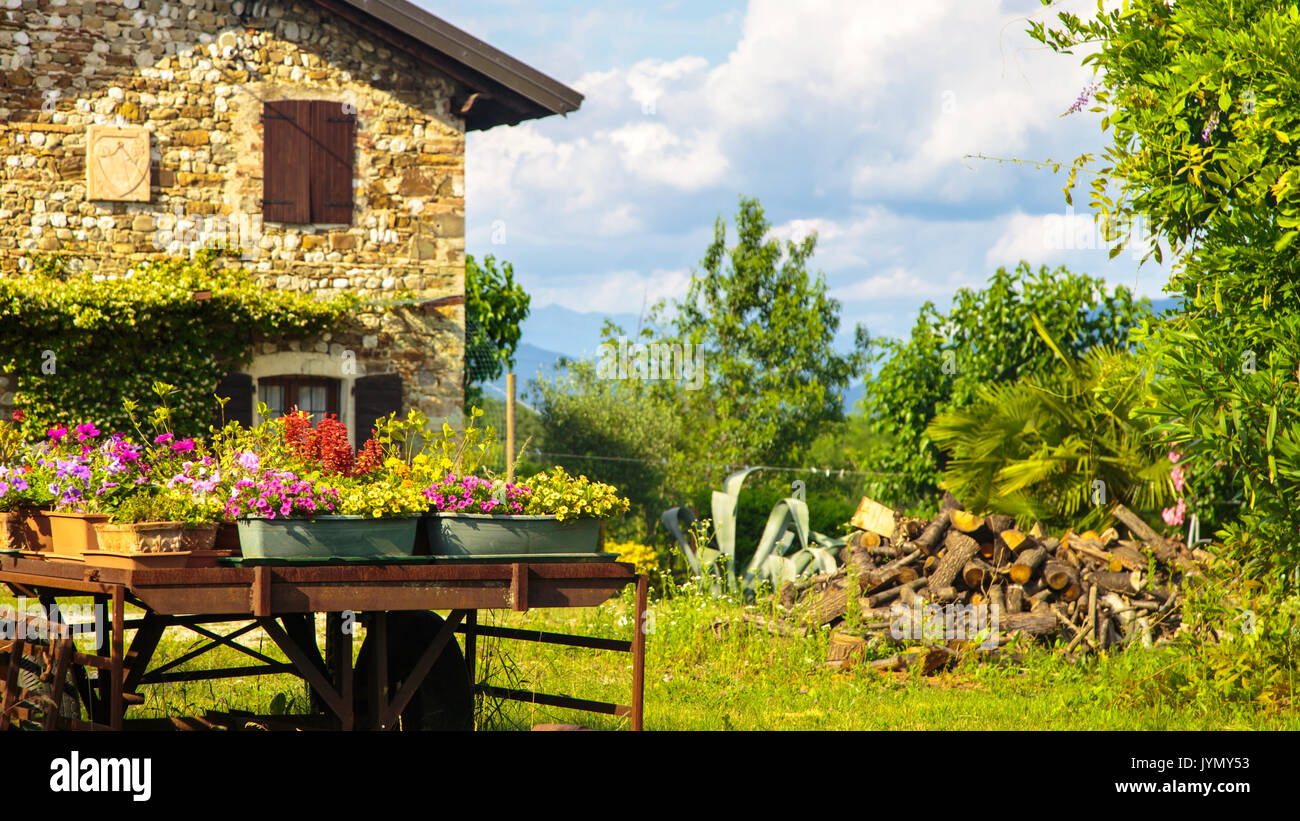An old farm in the italian countryside with flowers in its garden Stock ...
