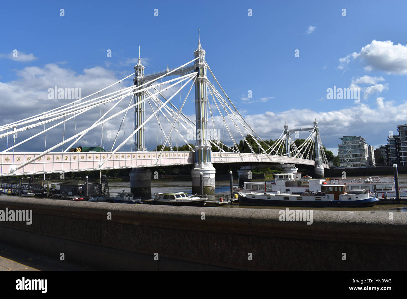 London: Albert Bridge in Chelsea on a sunny day. From the north bank of ...