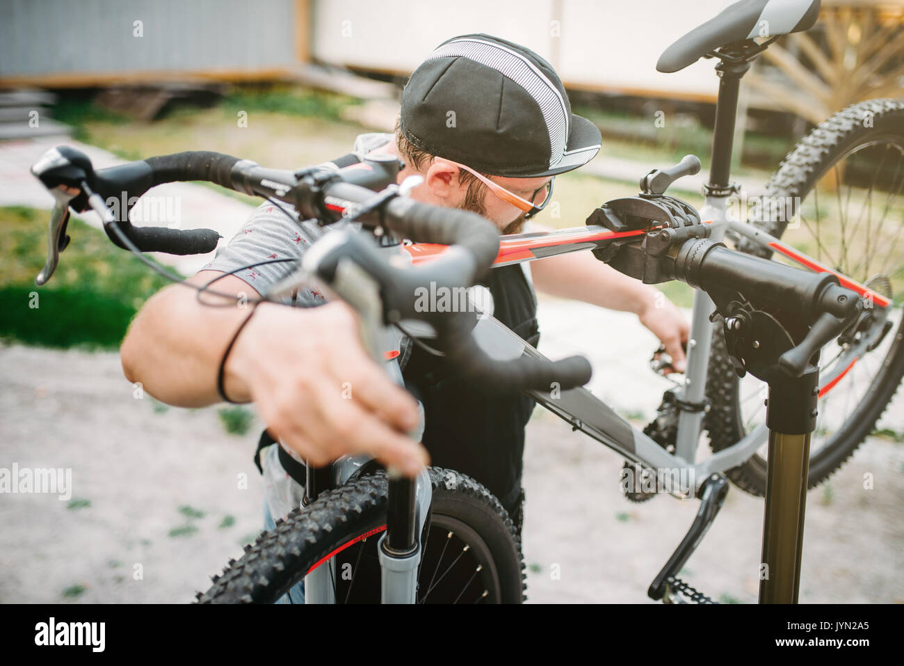Bicycle mechanic repair bike, top view. Cycle workshop outdoor ...