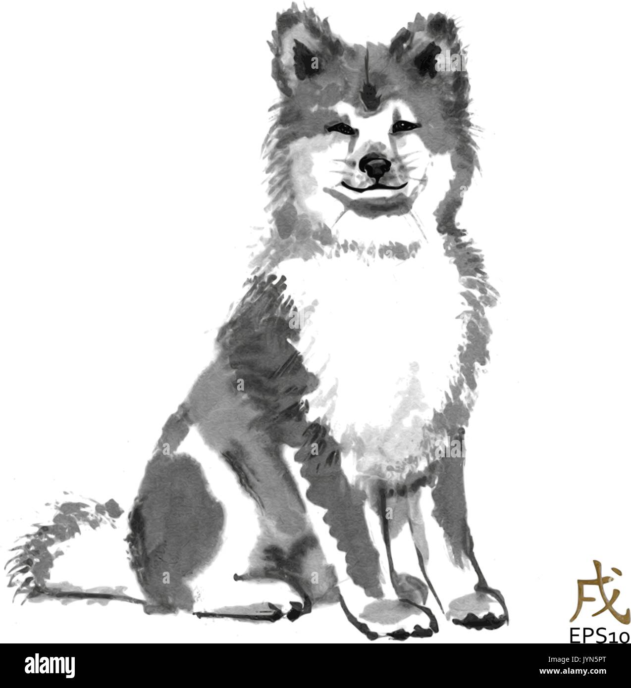 Akita inu vector oriental ink painting with golden Chinese hieroglyph ...