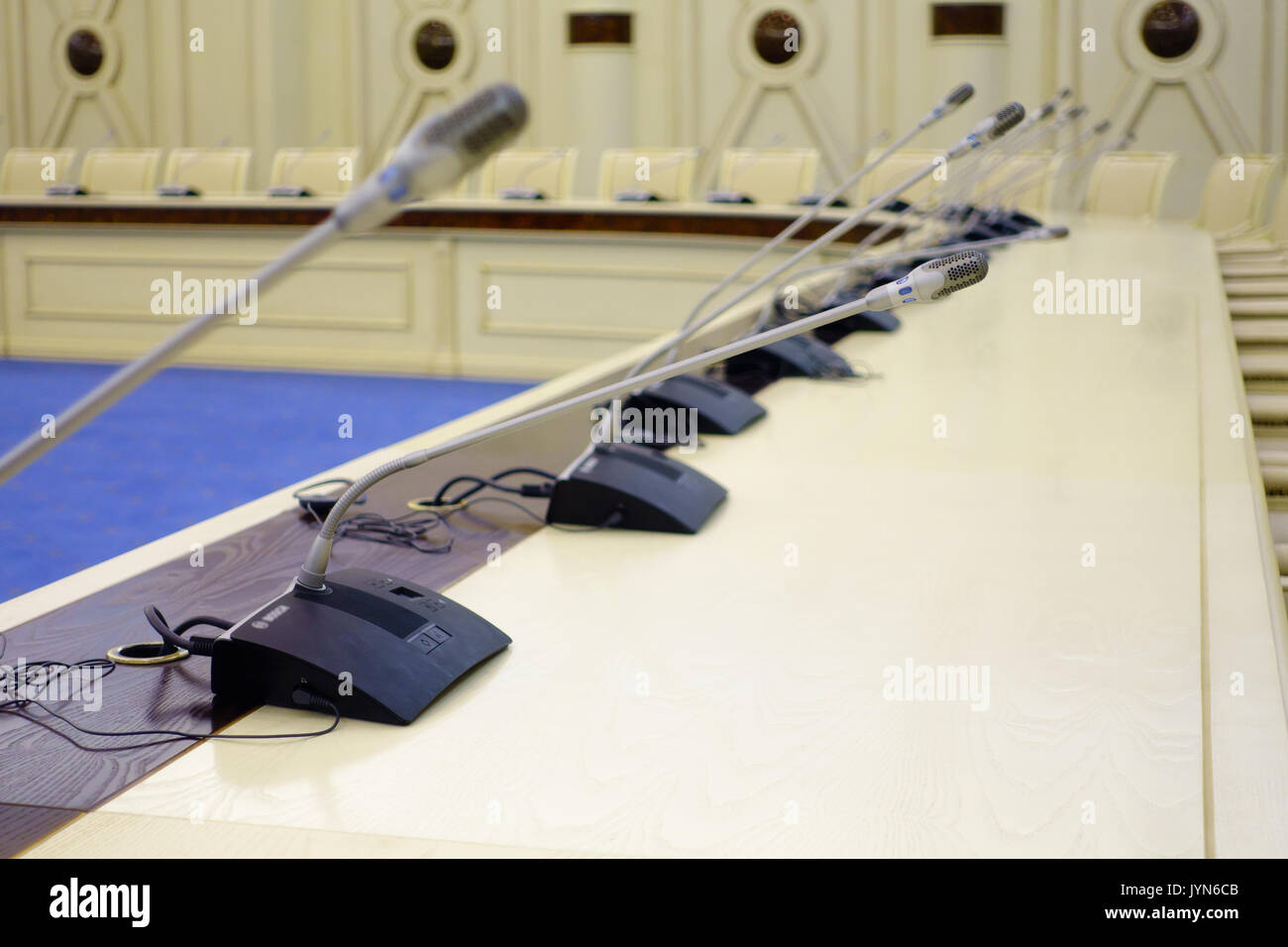 Table microphone at conference hall Stock Photo - Alamy