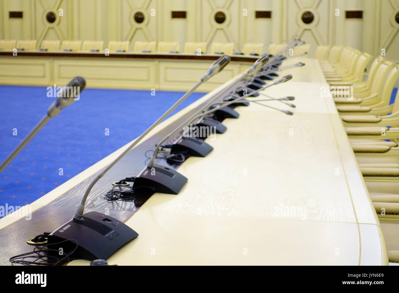 Table microphone at conference hall Stock Photo - Alamy