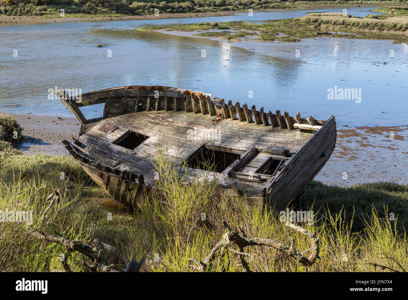 Old wooden boat washed ashore at a sea lagoon estuary Stock Photo - Alamy