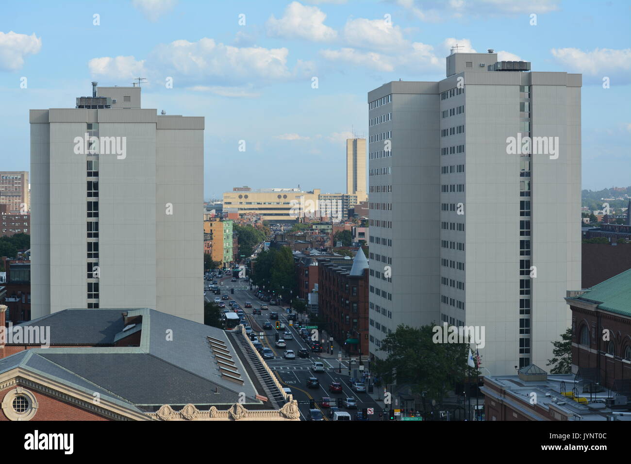 A view of the Boston skyline seen from above along Massachusetts Avenue ...